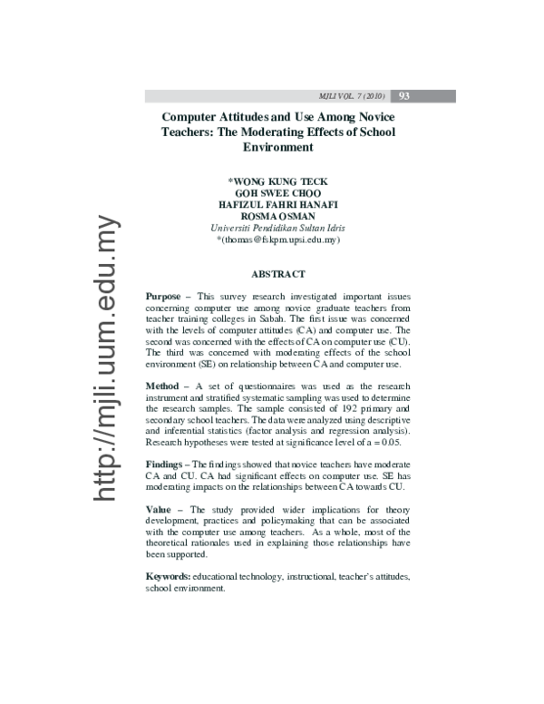 (PDF) Computer Attitudes and Use Among Novice Teachers: The Moderating Effects of School Environment