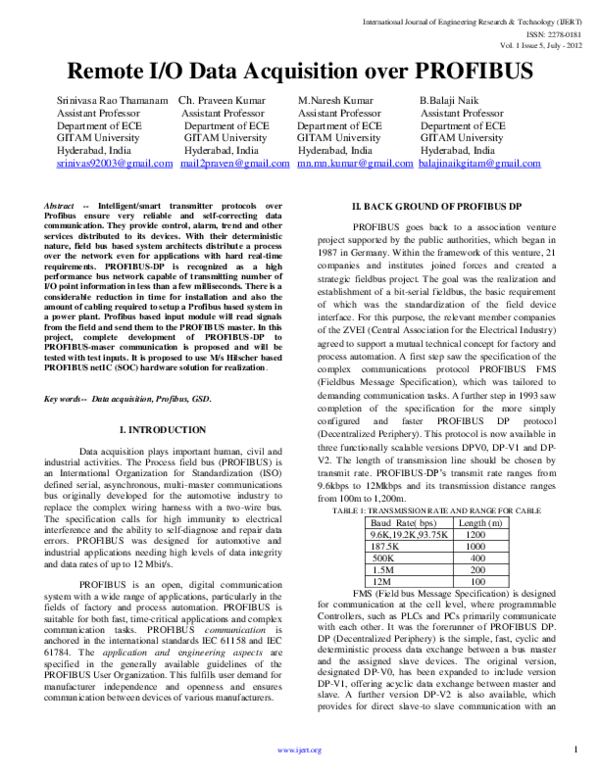 (PDF) Remote I/O Data Acquisition over PROFIBUS