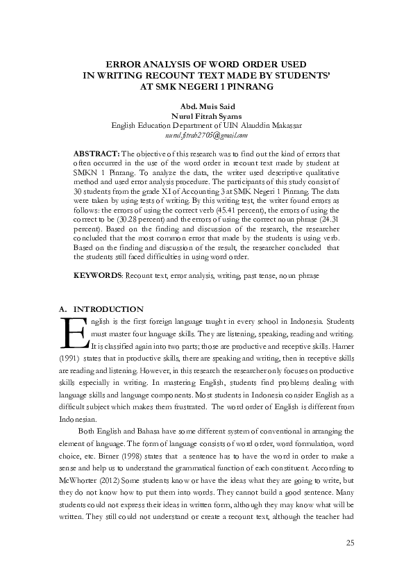 (PDF) Error Analysis of Word Order Used in Writing Recount Text Made by Students’ at SMK Negeri ...