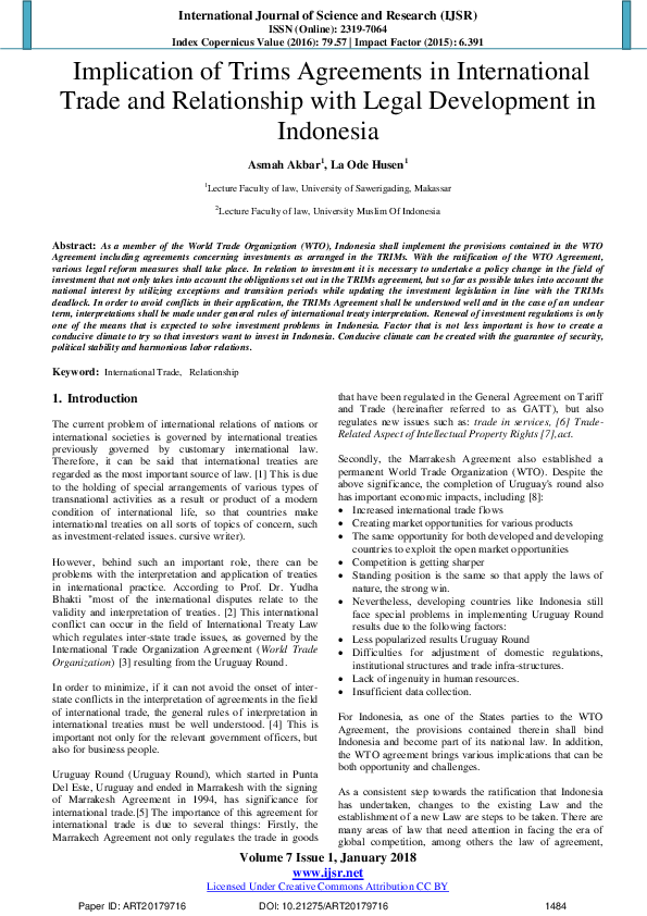 (PDF) Implication of Trims Agreements in International Trade and ...