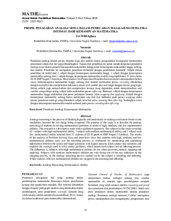 (PDF) Profil Penalaran Analogi Siswa Dalam Pemecahan Masalah Matematika Ditinjau Dari Kemampuan ...