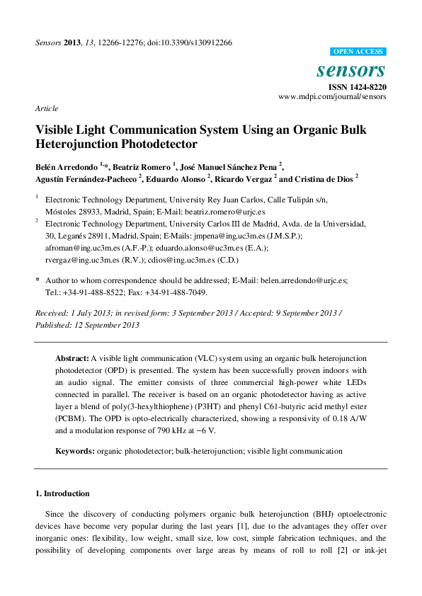 (PDF) Visible Light Communication system using an organic emitter and a perovskite photodetector