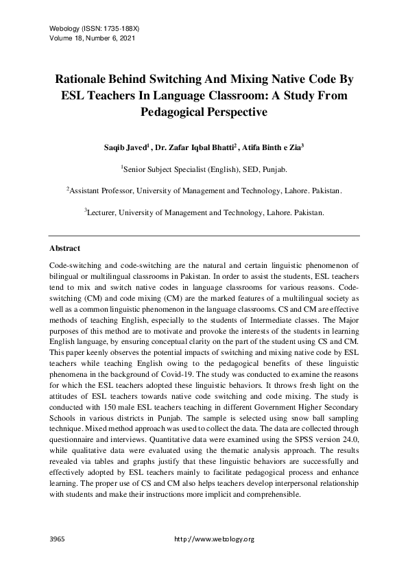 (PDF) Rationale Behind Switching And Mixing Native Code By ESL Teachers In Language Classroom: A ...