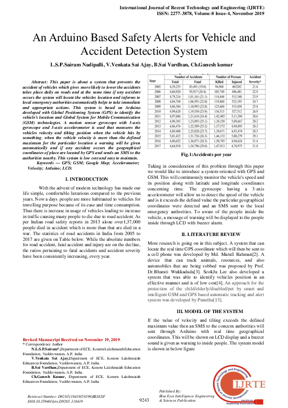 (PDF) An Arduino Based Safety Alerts for Vehicle and Accident Detection System