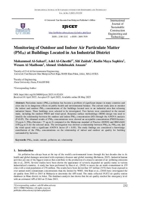 (PDF) Monitoring of Outdoor and Indoor Air Particulate Matter (PM10) at ...