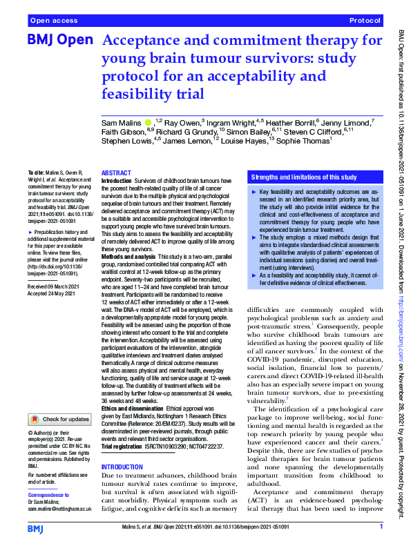 (PDF) Acceptance and commitment therapy for young brain tumour survivors: study protocol for an ...