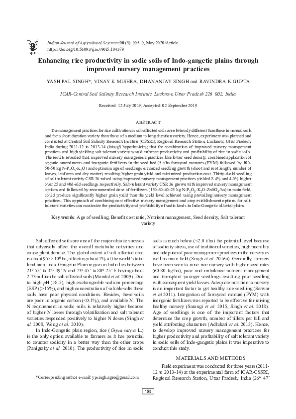 (PDF) Enhancing rice productivity in sodic soils of Indo-gangetic ...