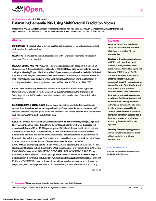 Pdf Estimating Dementia Risk Using Multifactorial Prediction Models