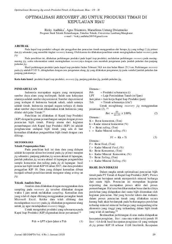 (PDF) Optimalisasi Recovery Jig Untuk Produksi Timah DI Kepulauan Riau