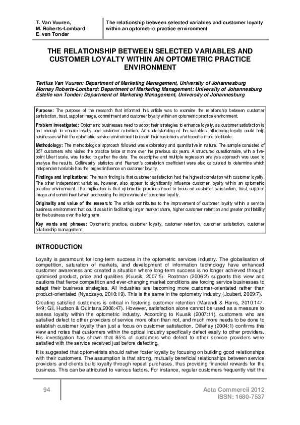 (PDF) The relationship between selected variables and customer loyalty ...