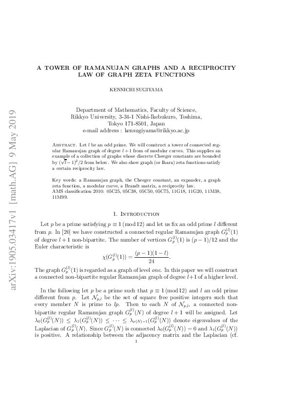 (PDF) A tower of Ramanujan graphs and a reciprocity law of graph zeta functions | KENNICHI ...