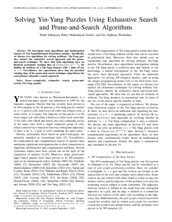 (PDF) Solving Yin-Yang Puzzles Using Exhaustive Search and Prune-and-Search Algorithms