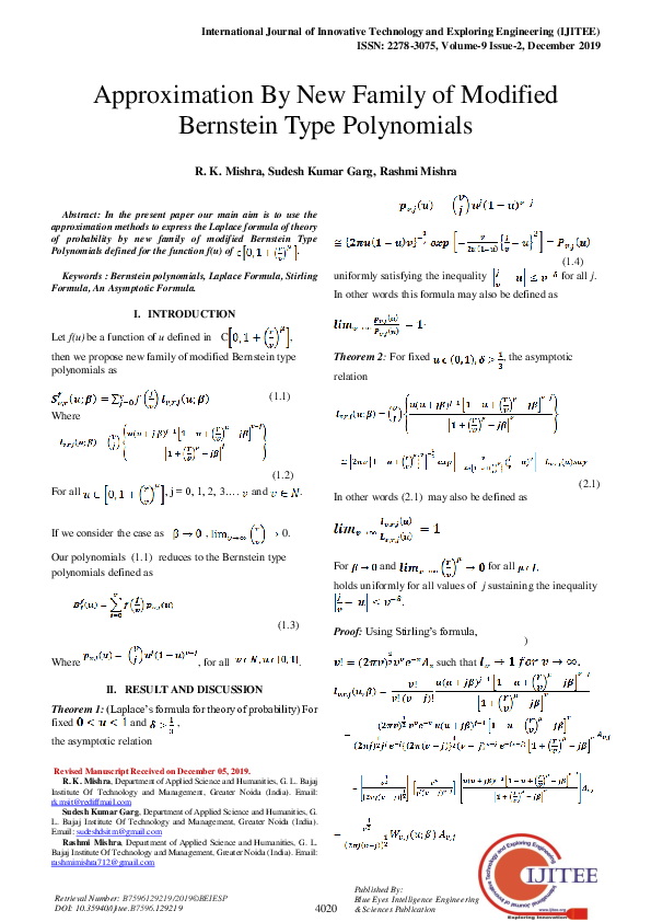 (PDF) Approximation By New Family of Modified Bernstein Type Polynomials