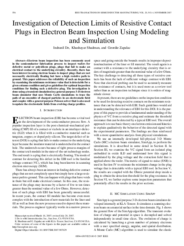 Pdf Investigation Of Detection Limits Of Resistive Contact Plugs In Electron Beam Inspection