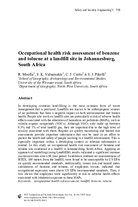 (PDF) Occupational health risk assessment of benzene and toluene at a ...