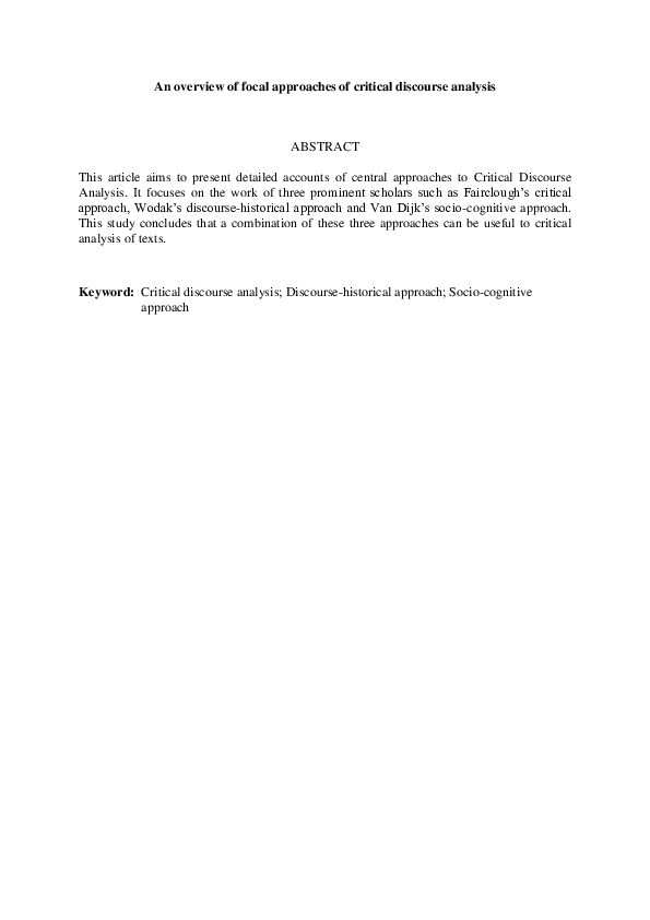 (PDF) An Overview of Focal Approaches of Critical Discourse Analysis (PDF) An Overview of Focal Approaches of Critical Discourse Analysis