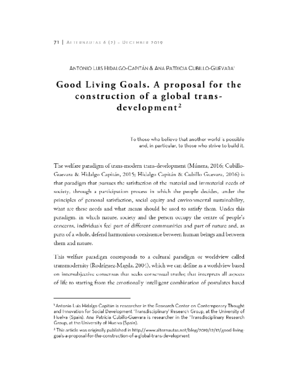 (PDF) Good Living Goals. A proposal for the construction of a global ...