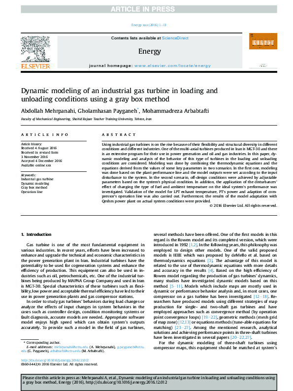 (PDF) Dynamic modeling of an industrial gas turbine in loading and unloading conditions using a ...