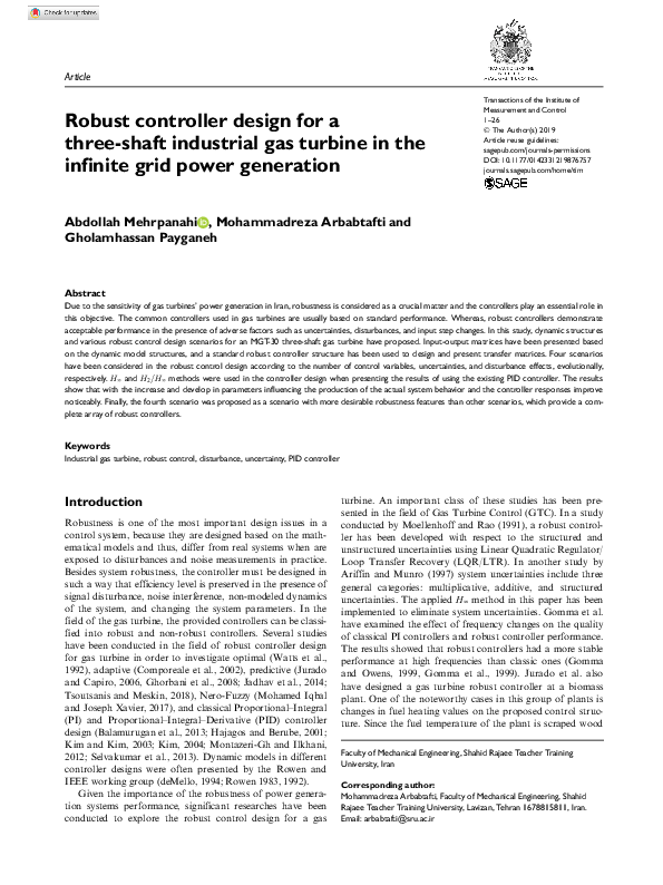 (PDF) Robust controller design for a three-shaft industrial gas turbine in the infinite grid ...