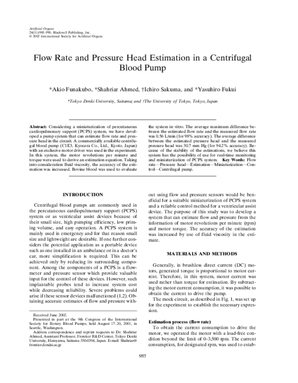 (PDF) Flow Rate and Pressure Head Estimation in a Centrifugal Blood Pump