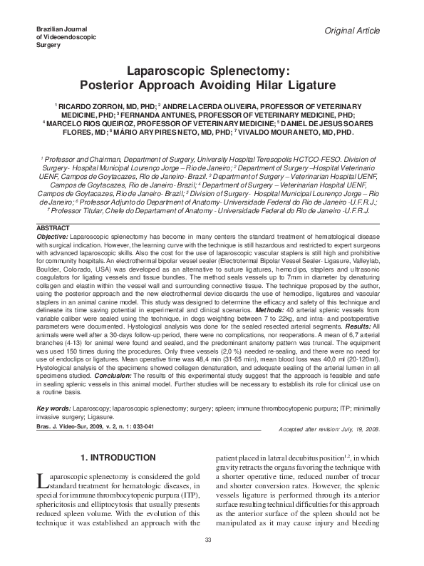 (PDF) Laparoscopic Splenectomy: Posterior Approach Avoiding Hilar Ligature