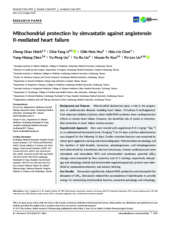 (PDF) Mitochondrial protection by simvastatin against angiotensin II‐mediated heart failure