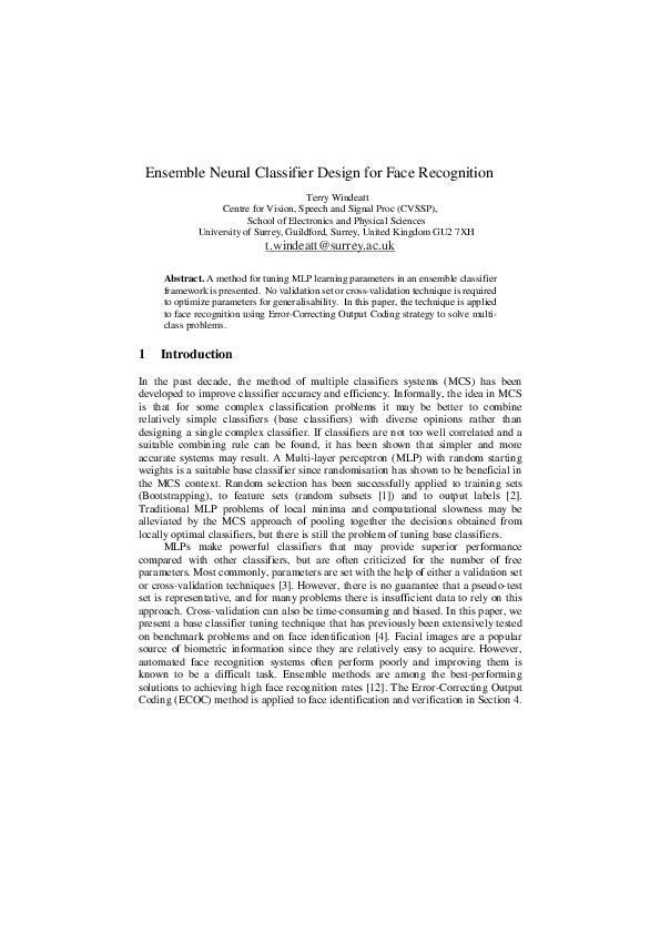 Pdf Ensemble Neural Classifier Design For Face Recognition