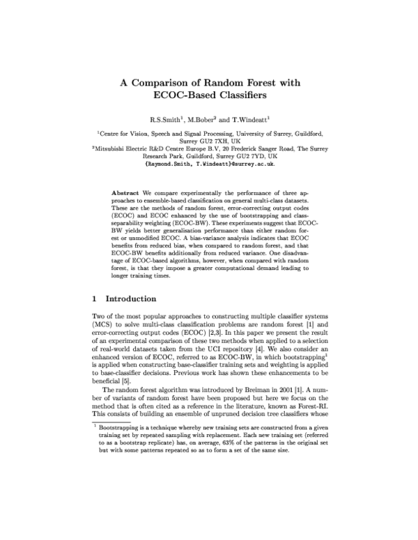 (PDF) A Comparison of Random Forest with ECOC-Based Classifiers