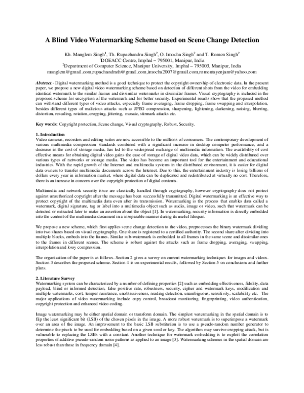 (PDF) A Blind Video Watermarking Scheme based on Scene Change Detection