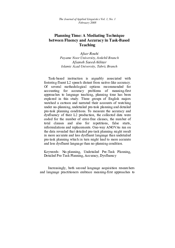 (PDF) Planning Time: A Mediating Technique between Fluency and Accuracy in Task-Based Teaching