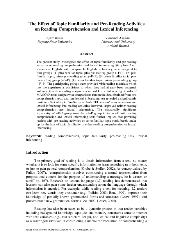 (PDF) The Effect of Topic Familiarity and Pre-Reading Activities on ...