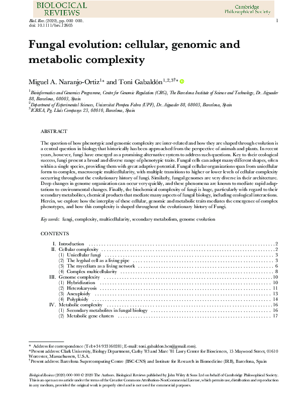 (PDF) Fungal evolution: cellular, genomic and metabolic complexity