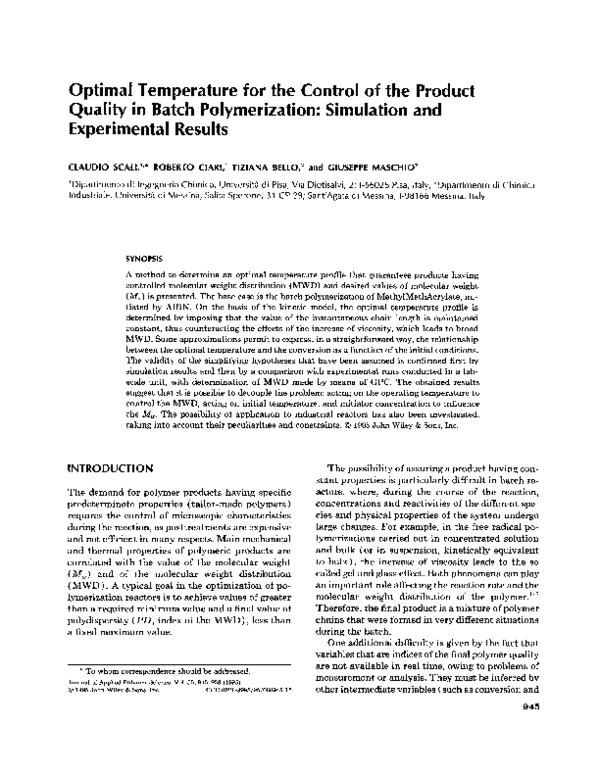 (PDF) Optimal temperature for the control of the product quality in batch polymerization ...