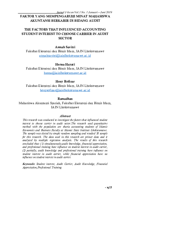 (PDF) Faktor Yang Mempengaruhi Minat Mahasiswa Akuntansi Berkarir DI Bidang Audit