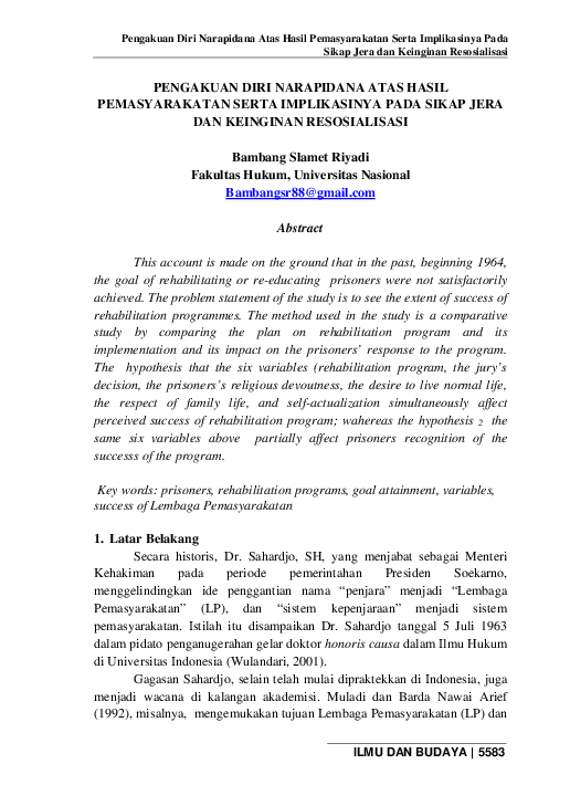 (PDF) Pengakuan Diri Narapidana Atas Hasil Pemasyarakatan Serta Implikasinya Pada Sikap Jera Dan ...