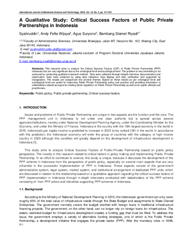 (PDF) A Qualitative Study : Critical Success Factors of Public Private ...