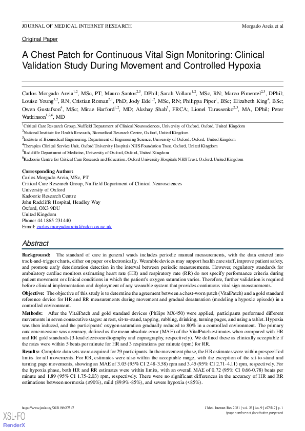 (PDF) Chest patch for continuous vital-sign monitoring: A clinical ...