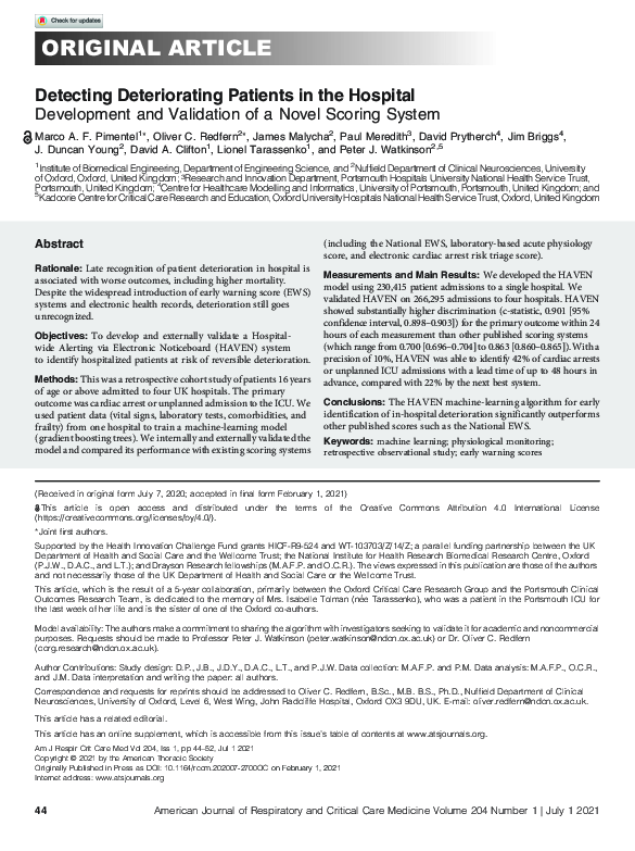 (PDF) Detecting Deteriorating Patients in the Hospital: Development and ...