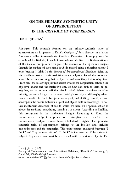 (PDF) On the Primary-Synthetic Unity of Apperception in the Critique of ...