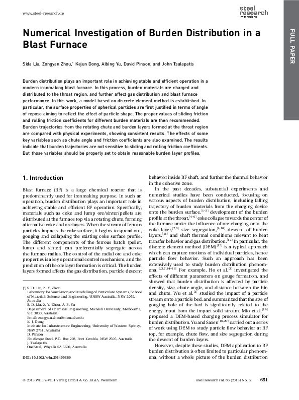 (PDF) Numerical Investigation of Burden Distribution in a Blast Furnace ...