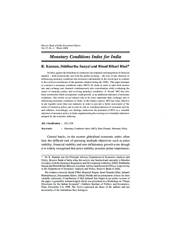 (PDF) Monetary Conditions Index for India