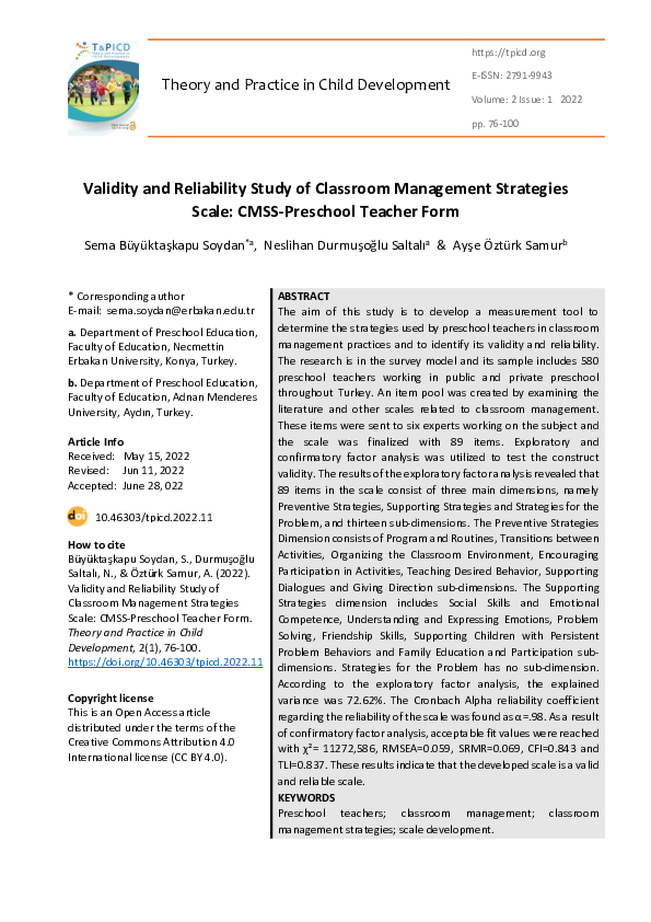 (PDF) Validity and reliability study of classroom management strategies scale: CMSS-preschool ...