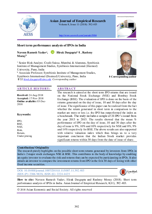 (PDF) Short Term Performance Analysis of IPOs in India