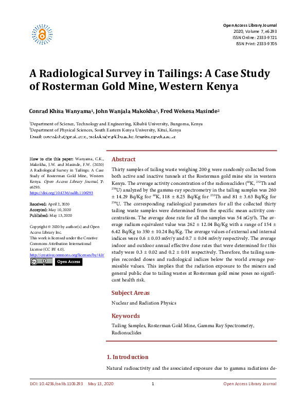 (PDF) A Radiological Survey in Tailings: A Case Study of Rosterman Gold Mine, Western Kenya