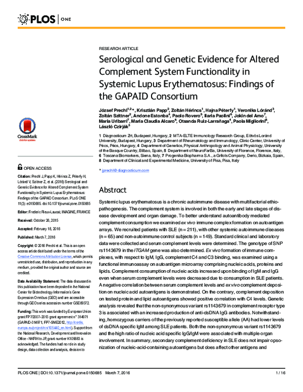 (PDF) Serological and Genetic Evidence for Altered Complement System ...