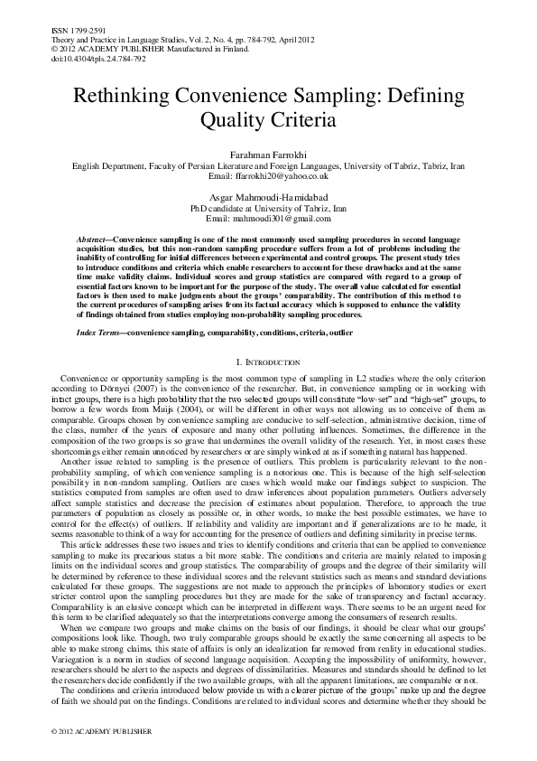 (PDF) Rethinking Convenience Sampling: Defining Quality Criteria