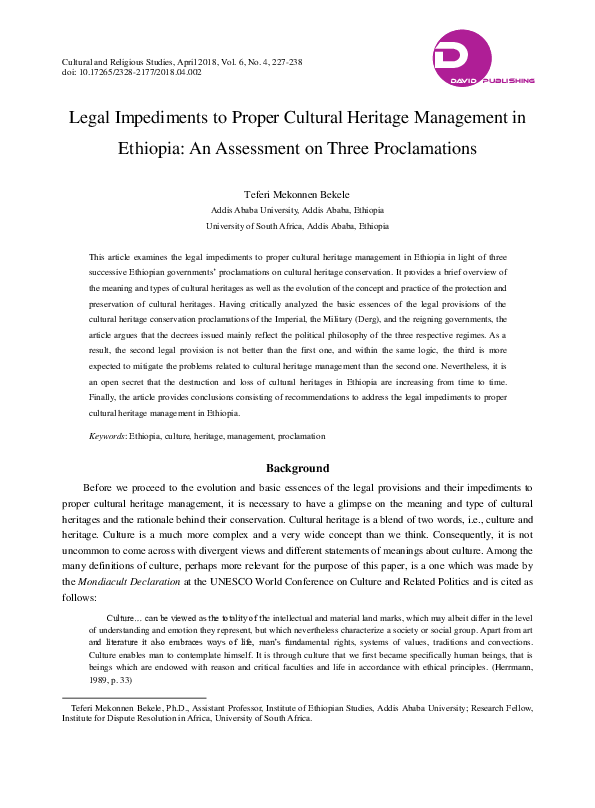 (PDF) Legal Impediments to Proper Cultural Heritage Management in ...