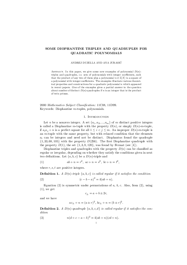 (PDF) Some Diophantine triples and quadruples for quadratic polynomials