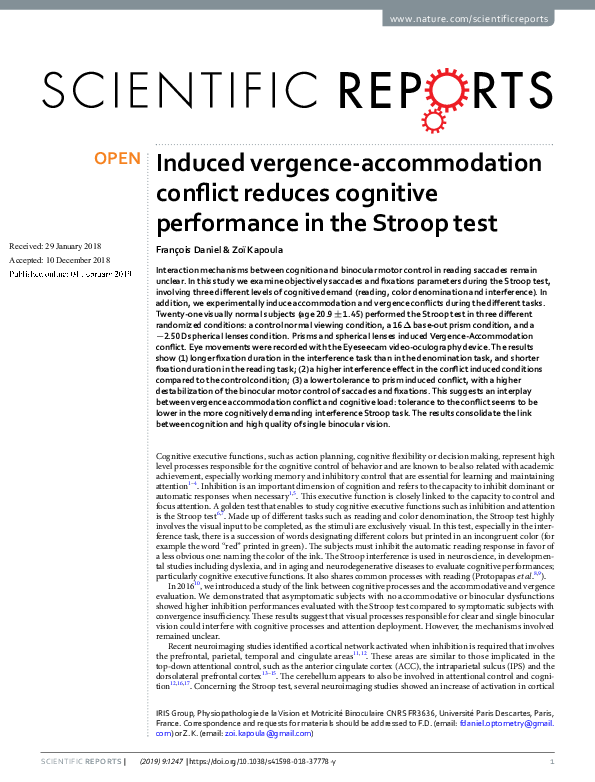 (PDF) Induced vergence-accommodation conflict reduces cognitive ...