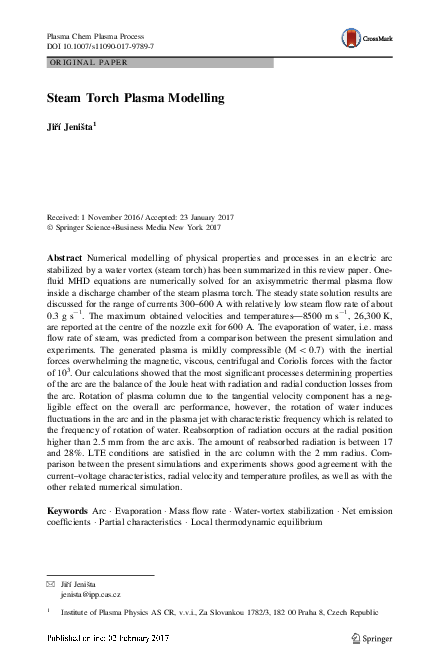 (PDF) Steam Torch Plasma Modelling | Jiří Jeništa - Academia.edu